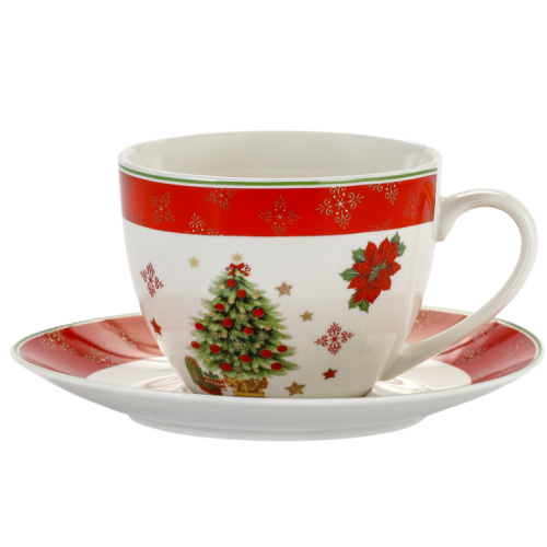 Komplet porcelanowych filiżanek ze spodkami - świąteczna choinka